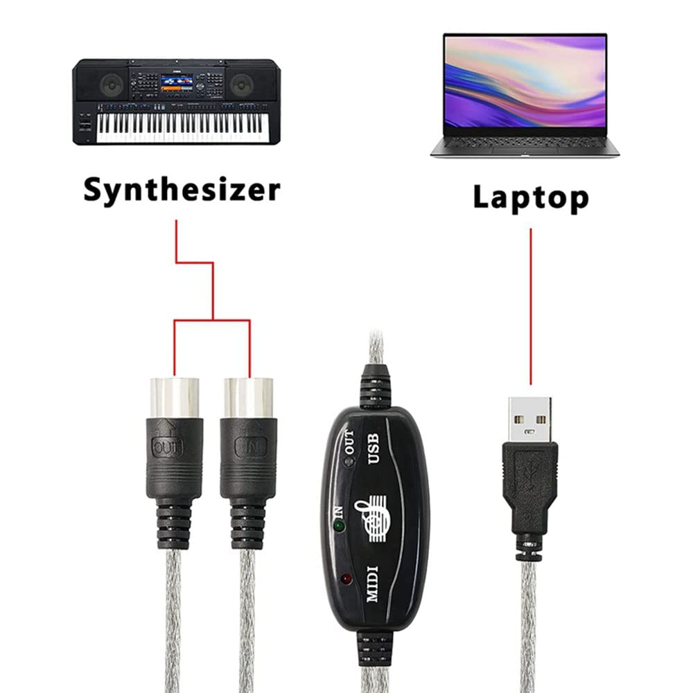 Superwang USB IN-OUT MIDI Cable Converter PC to Music Keyboard Adapter Cord for Home Music Studio