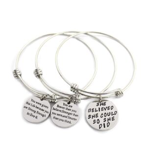 l.beautiful 3 pack women engraved message inspirational words round charm bracelets set expandable silver plated stainless steel motivational bangle bracelet with gift box