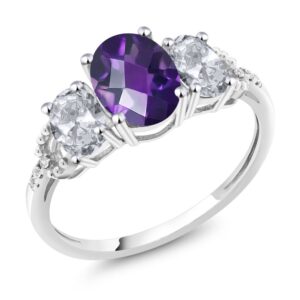 gem stone king 10k white gold amethyst and white topaz and diamond accent 3 stone engagement ring for women (2.05 cttw, gemstone birthstone) (size 6)