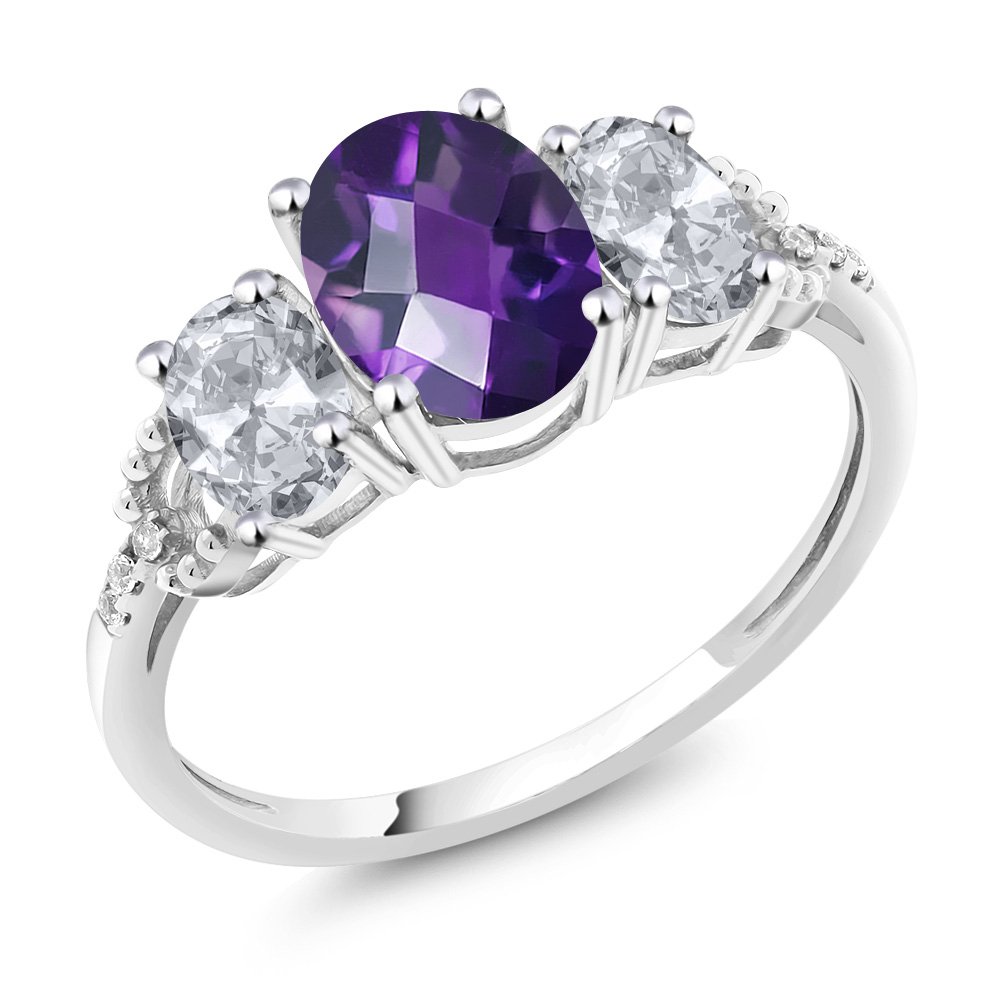 Gem Stone King 10K White Gold Amethyst and White Topaz and Diamond Accent 3 Stone Engagement Ring For Women (2.05 Cttw, Gemstone Birthstone) (Size 6)