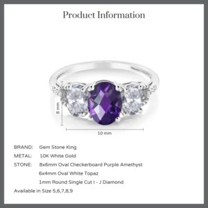 Gem Stone King 10K White Gold Amethyst and White Topaz and Diamond Accent 3 Stone Engagement Ring For Women (2.05 Cttw, Gemstone Birthstone) (Size 6)