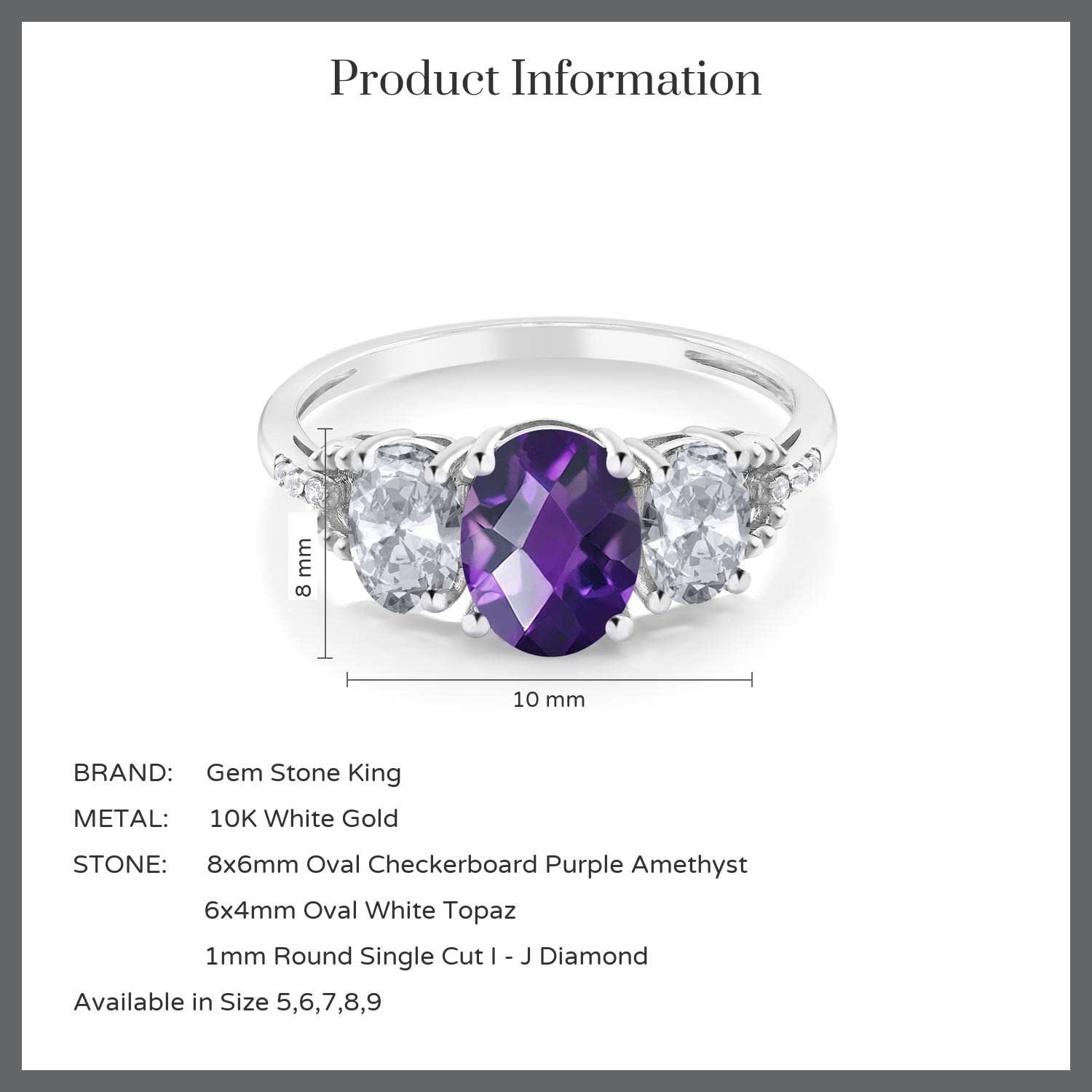 Gem Stone King 10K White Gold Amethyst and White Topaz and Diamond Accent 3 Stone Engagement Ring For Women (2.05 Cttw, Gemstone Birthstone) (Size 6)