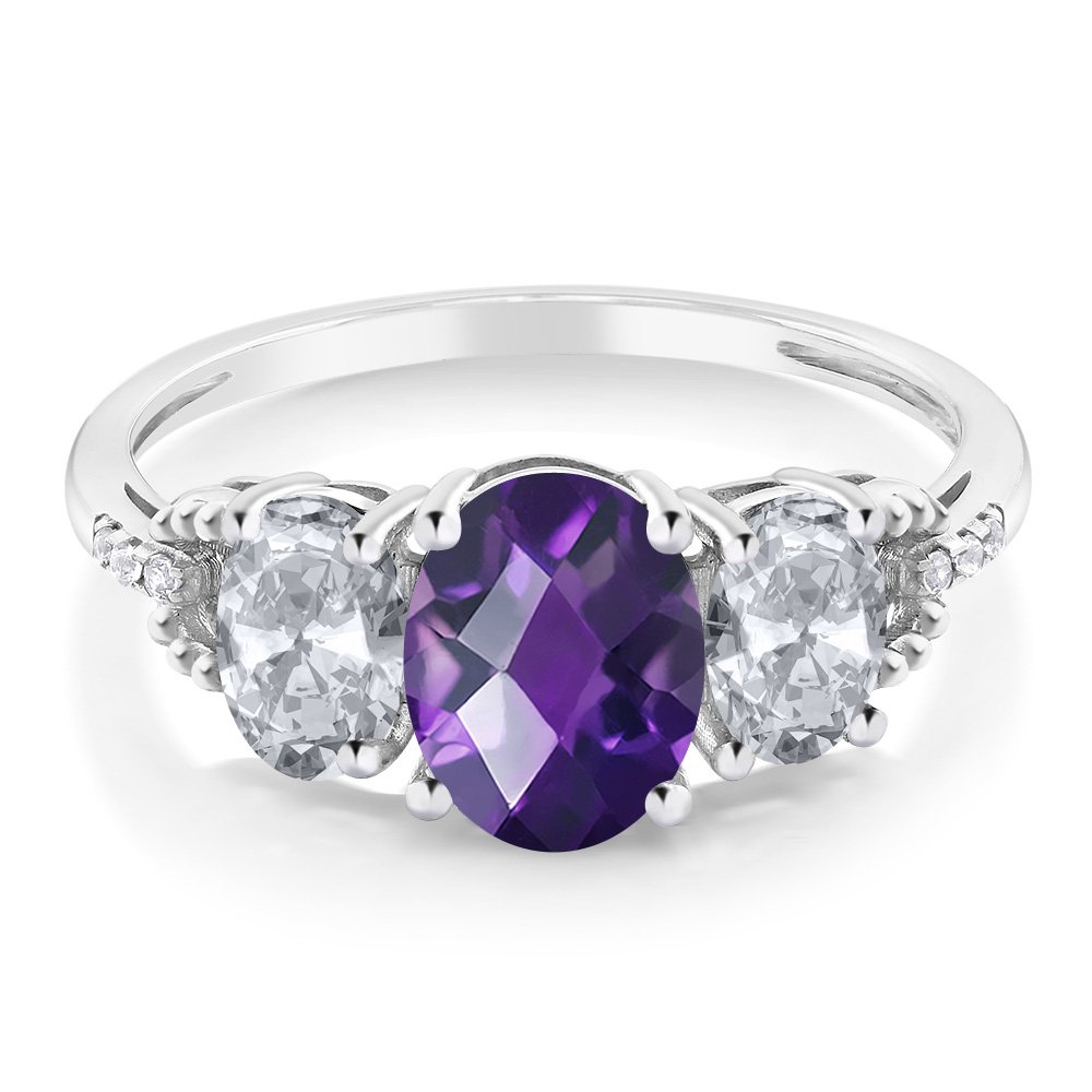 Gem Stone King 10K White Gold Amethyst and White Topaz and Diamond Accent 3 Stone Engagement Ring For Women (2.05 Cttw, Gemstone Birthstone) (Size 6)