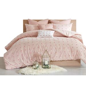 Urban Habitat Cotton Comforter Set Pink Jacquard Tufts Pom Pom Shabby Chic Boho Comforter Set Queen All Season Bedding Winter Beddys, Matching Shams, Decorative Pillows, Full (88 in x 92 in), 7 Piece