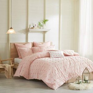 Urban Habitat Cotton Comforter Set Pink Jacquard Tufts Pom Pom Shabby Chic Boho Comforter Set Queen All Season Bedding Winter Beddys, Matching Shams, Decorative Pillows, Full (88 in x 92 in), 7 Piece