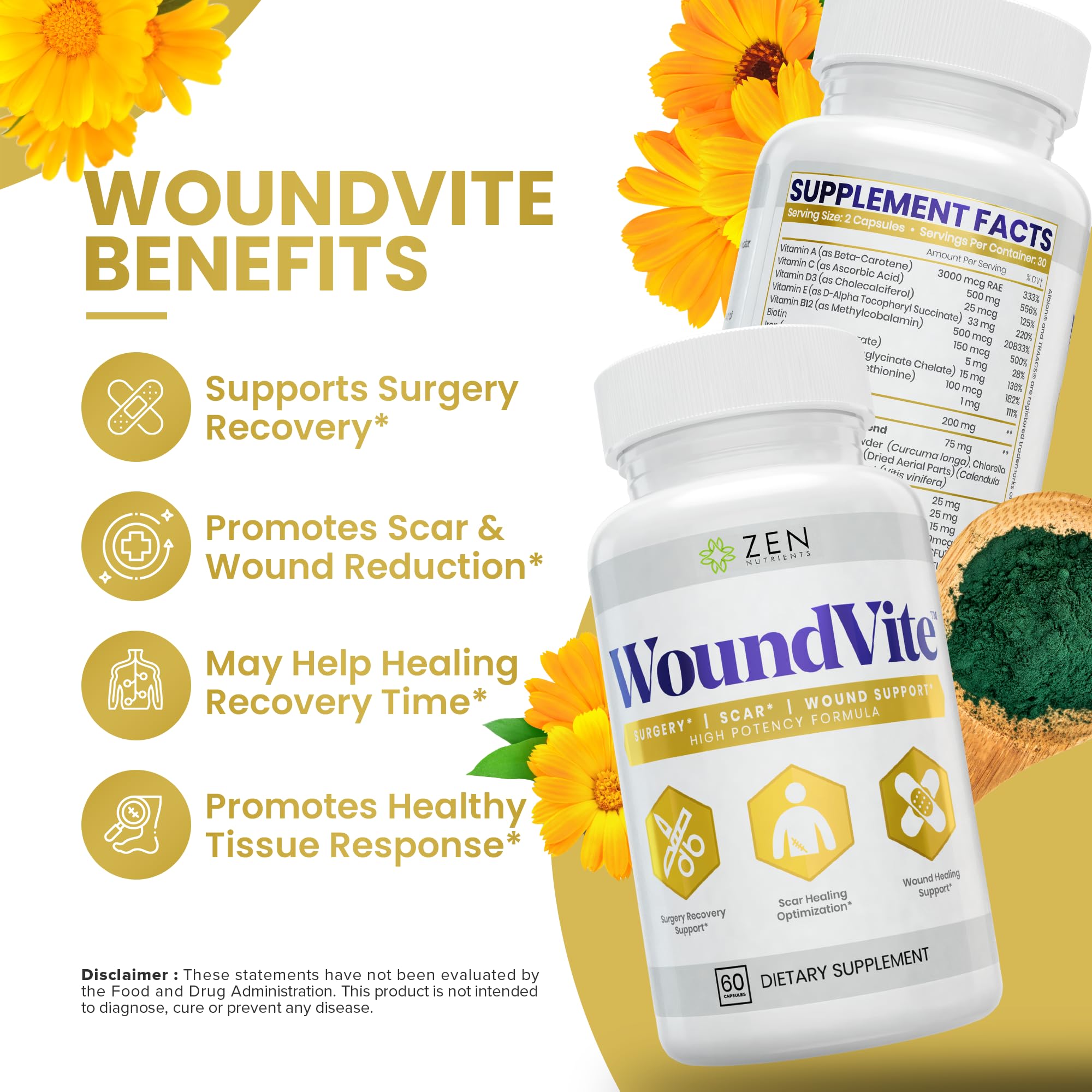 Zen Nutrients WoundVite Pre & Post Surgery Support, Scar & Wound Care, Scar Treatment, Plastic & General Surgery, Heal Faster & Aids in Recovery Time w/ Bromelain, Turmeric & Arnica - 60 Vegan Caps