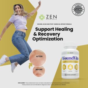 Zen Nutrients WoundVite Pre & Post Surgery Support, Scar & Wound Care, Scar Treatment, Plastic & General Surgery, Heal Faster & Aids in Recovery Time w/ Bromelain, Turmeric & Arnica - 60 Vegan Caps