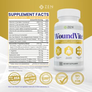 Zen Nutrients WoundVite Pre & Post Surgery Support, Scar & Wound Care, Scar Treatment, Plastic & General Surgery, Heal Faster & Aids in Recovery Time w/ Bromelain, Turmeric & Arnica - 60 Vegan Caps