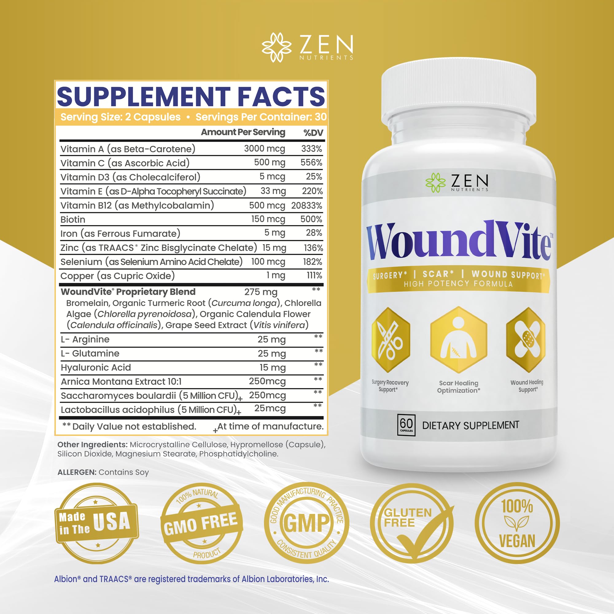 Zen Nutrients WoundVite Pre & Post Surgery Support, Scar & Wound Care, Scar Treatment, Plastic & General Surgery, Heal Faster & Aids in Recovery Time w/ Bromelain, Turmeric & Arnica - 60 Vegan Caps