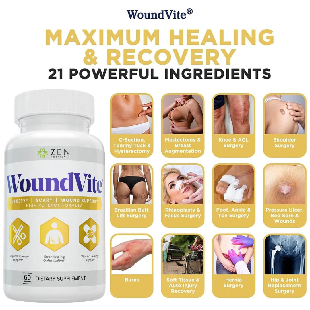 Zen Nutrients WoundVite Pre & Post Surgery Support, Scar & Wound Care, Scar Treatment, Plastic & General Surgery, Heal Faster & Aids in Recovery Time w/ Bromelain, Turmeric & Arnica - 60 Vegan Caps