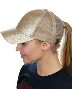 c.c ponycap messy high bun ponytail adjustable glitter mesh trucker baseball cap, gold,one size