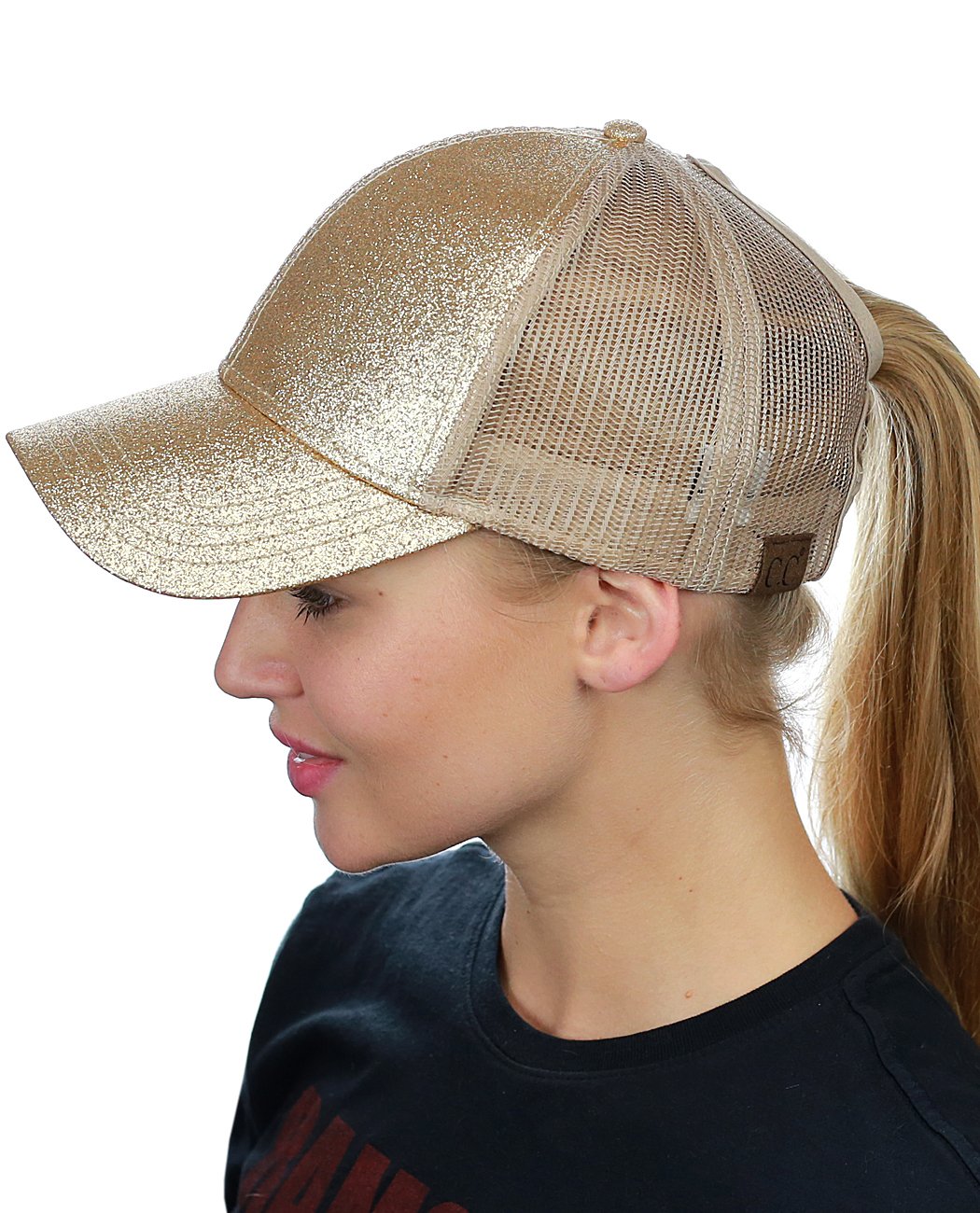 C.C Ponycap Messy High Bun Ponytail Adjustable Glitter Mesh Trucker Baseball Cap, Gold,One Size