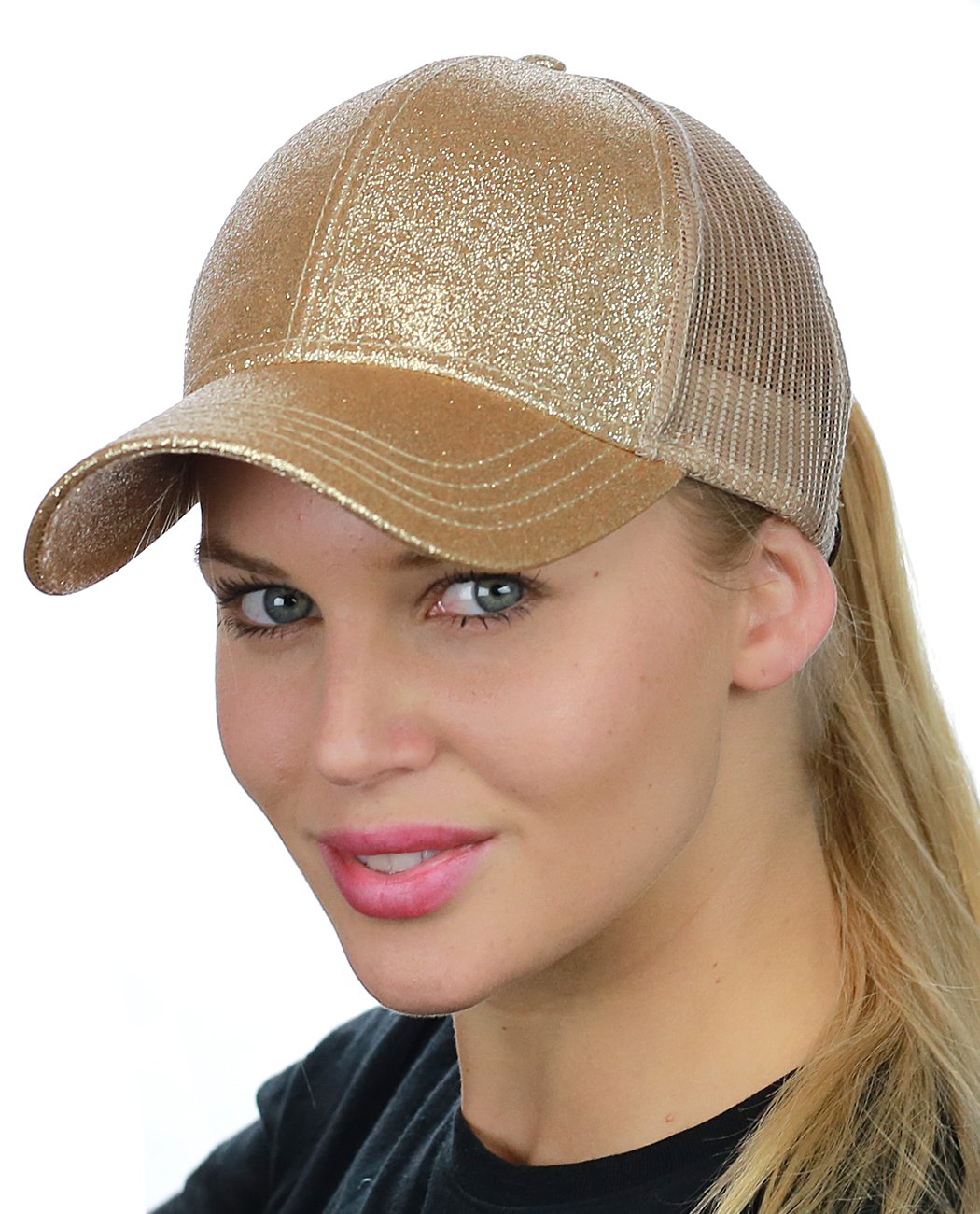 C.C Ponycap Messy High Bun Ponytail Adjustable Glitter Mesh Trucker Baseball Cap, Gold,One Size