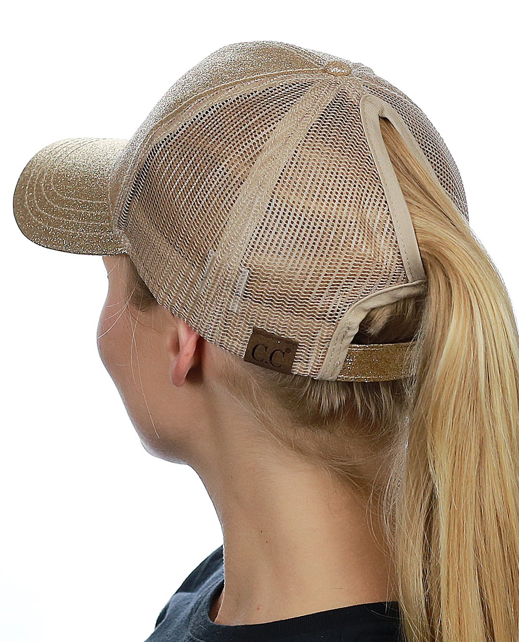 C.C Ponycap Messy High Bun Ponytail Adjustable Glitter Mesh Trucker Baseball Cap, Gold,One Size