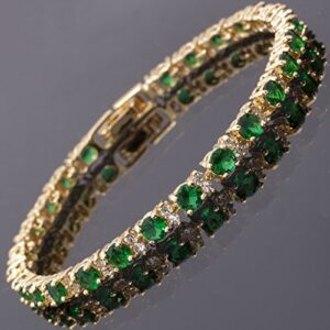 RIZILIA Eternity Tennis Bracelet & Round Cut CZ Simulated Green Emerald in Yellow Gold Plated, 7"