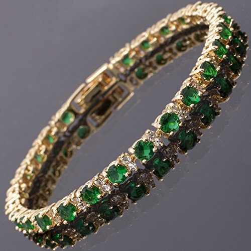 RIZILIA Eternity Tennis Bracelet & Round Cut CZ Simulated Green Emerald in Yellow Gold Plated, 7"