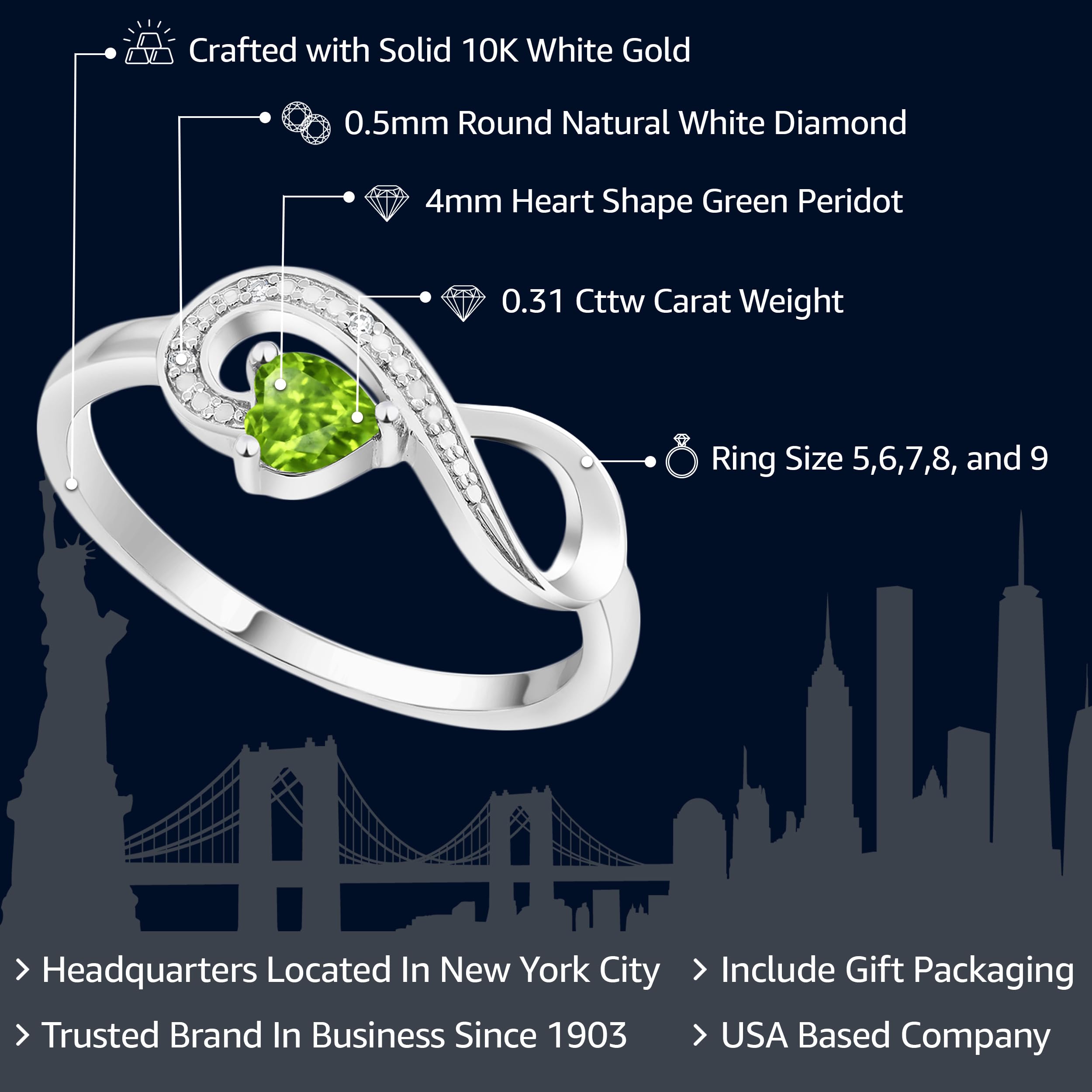 Gem Stone King 10K White Gold 4MM Heart Gemstone Birthstone & White Diamond Accent Infinity Ring | Heart Shape Wedding Engagement Anniversary Promise Ring For Women