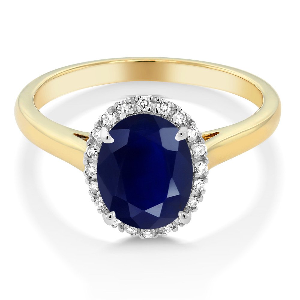 Gem Stone King 10K 2-Tone Gold Oval Blue Sapphire and Diamond Halo Engagement Ring For Women (2.34 Cttw, Oval 9X7MM, Gemstone Birthstone) (Size 7)