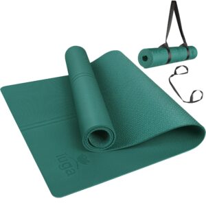 iuga eco friendly yoga mat with alignment lines, free carry strap, non slip tpe yoga mat for all types of yoga, extra large exercise and fitness mat size 72”x26”x1/4"