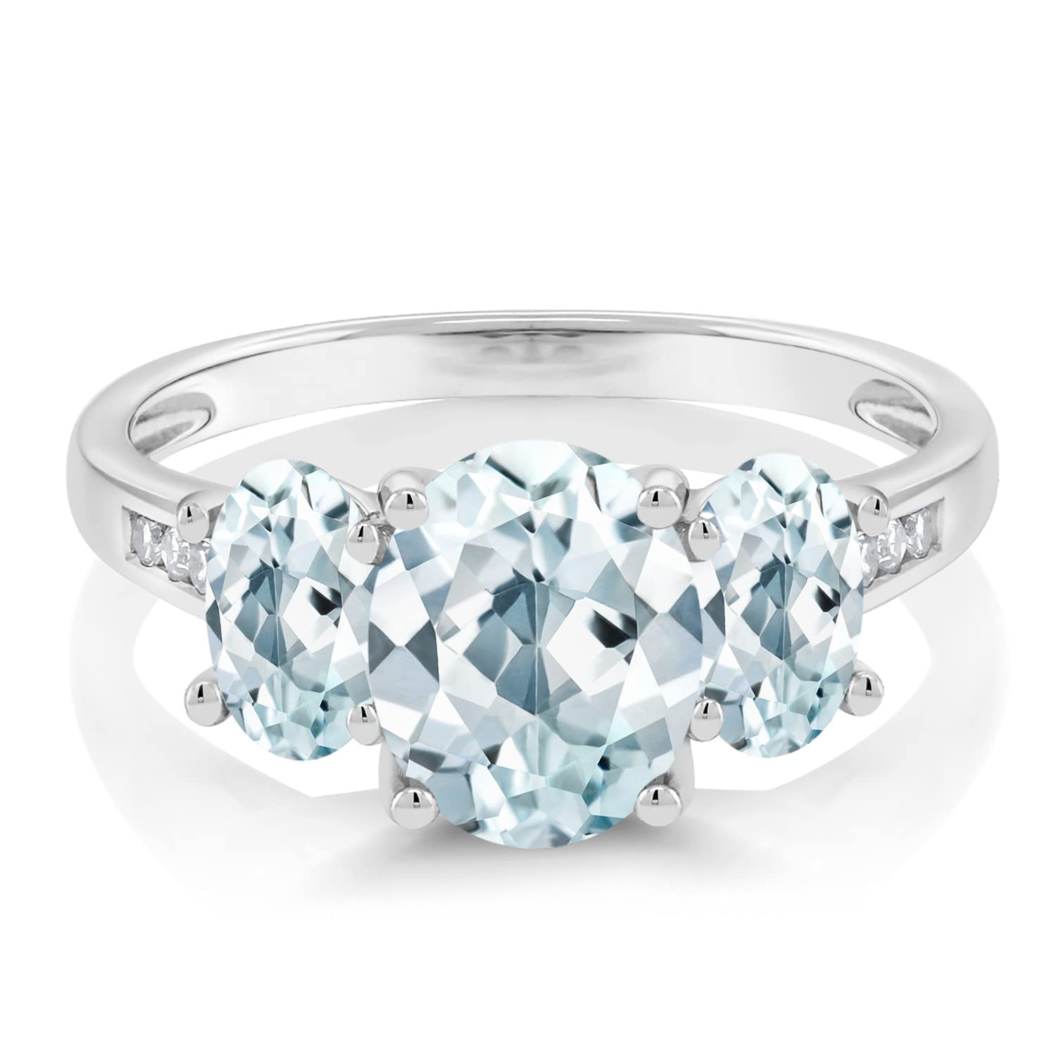 Gem Stone King 10K White Gold Sky Blue Aquamarine and White Diamond Oval 3-Stone Engagement Ring For Women (2.20 Cttw, Gemstone March Birthstone, Available In Size 5, 6, 7, 8, 9)