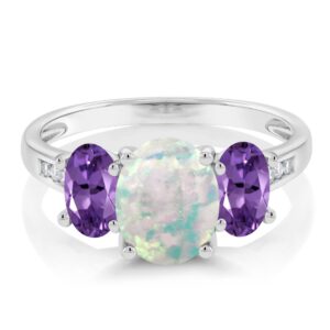 Gem Stone King 10K White Gold White Simulated Opal Purple Amethyst and White Diamond Oval 3-Stone Engagement Ring For Women (1.75 Cttw, Available In Size 5, 6, 7, 8, 9)