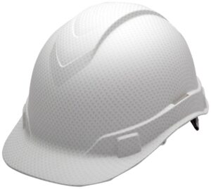 pyramex ridgeline cap style hard hat, 4-point ratchet suspension, matte white graphite pattern