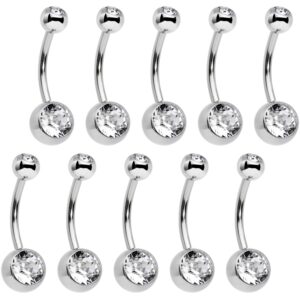 body candy women's stainless steel barbell clear accent belly button body piercing ring pack of 10, one size