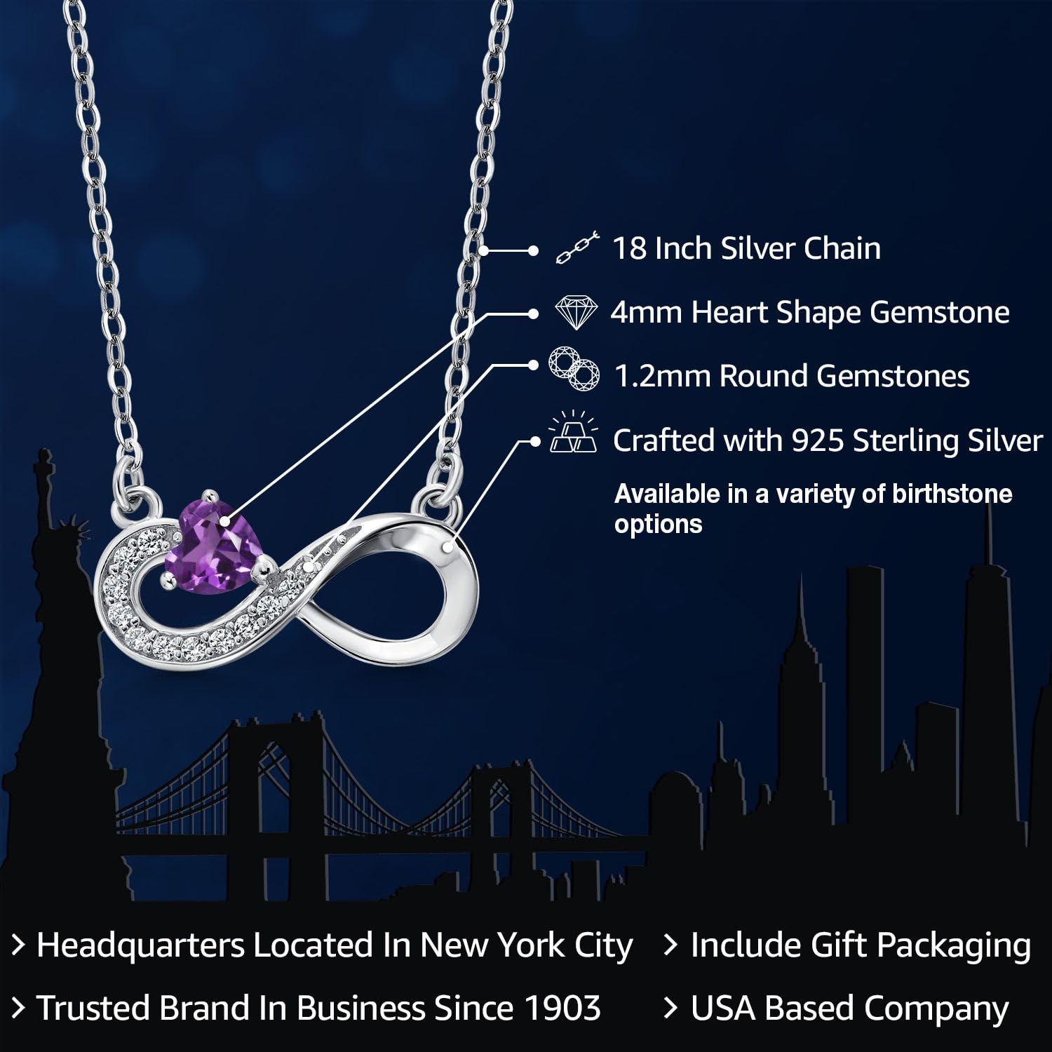 Gem Stone King Infinity Pendant Necklace For Women In 925 Sterling Silver With 4MM Heart Shape Gemstone Birthstone snd 18 Inch Silver Chain