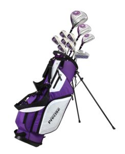 precise m5 ladies womens complete right handed golf clubs set includes titanium driver, s.s. fairway, s.s. hybrid, s.s. 5-pw irons, putter, stand bag, 3 h/c's purple (right hand)