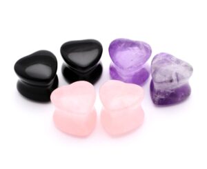 mystic metals body jewelry set of 3 pairs heart shaped stone plugs - amethyst, black agate, rose quartz (00g (10mm))