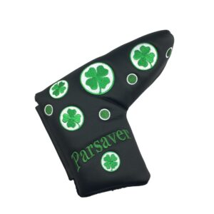 Parsaver Shamrock Lucky Clover Golf Blade Putter Cover Lucky Four Leaf Clover Black Covers for Scotty Cameron Odyssey Taylormade Titleist Ping and Mizuno Putters. A Wonderful Golf Gift