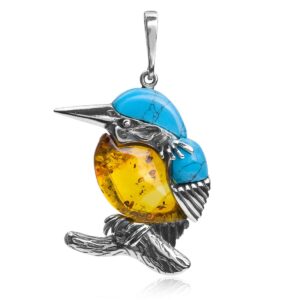 ian and valeri co. amber sterling silver turquoise blue kingfisher bird pendant