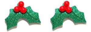 glittery christmas holly holiday stud earrings (h036)