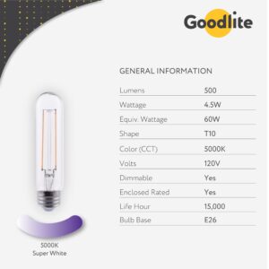 Goodlite G-19752 Edison LED 4.5 W Bulb E26 Base T10 Shape 60 W Equivalend 500 Lumens Filement Super White 5000k Dimmable