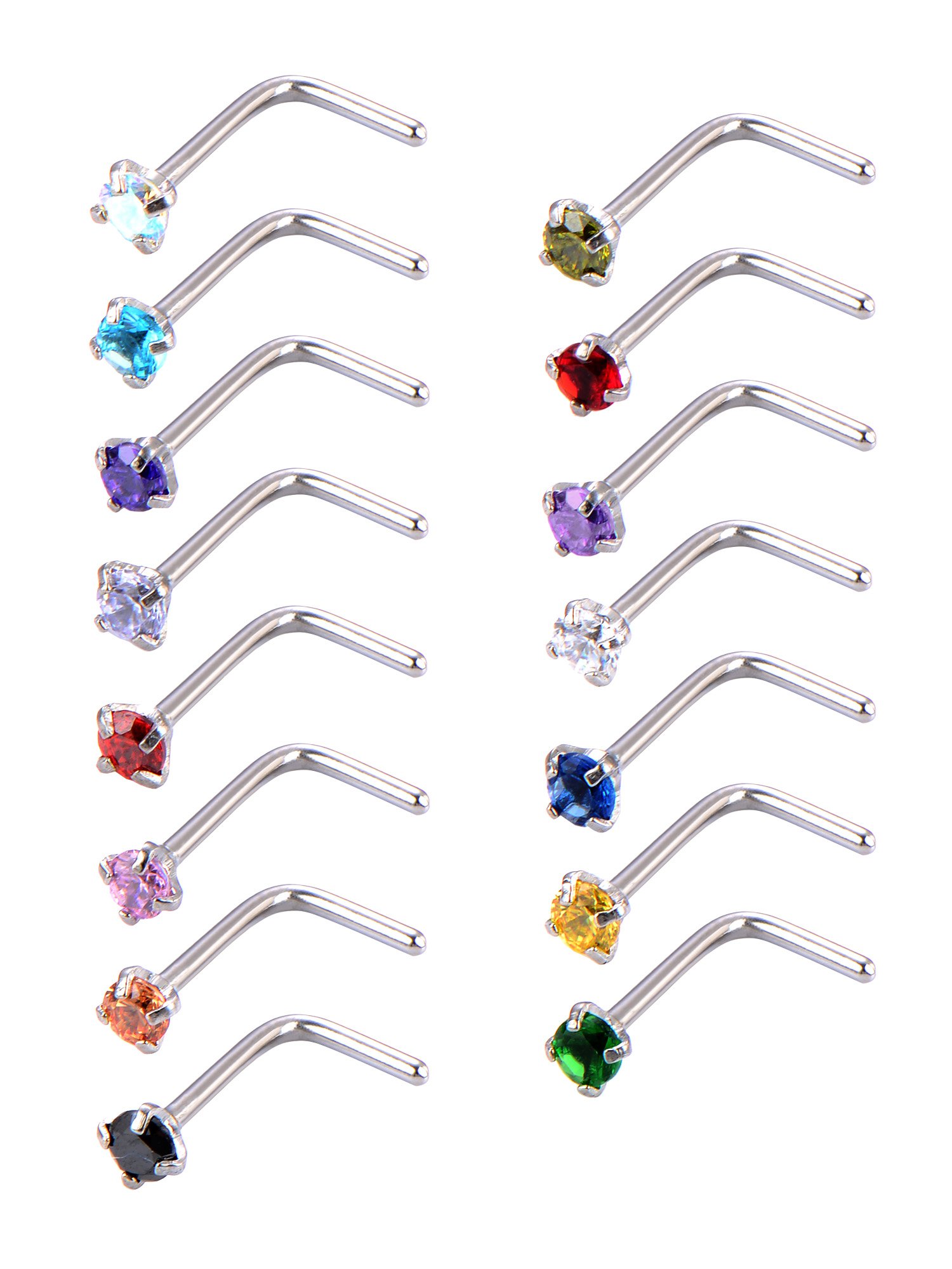 15 Pieces 20 Gauge L Shaped Nose Ring Curved Nose Stud Bend Bar Piercing Jewellery, 15 Colors