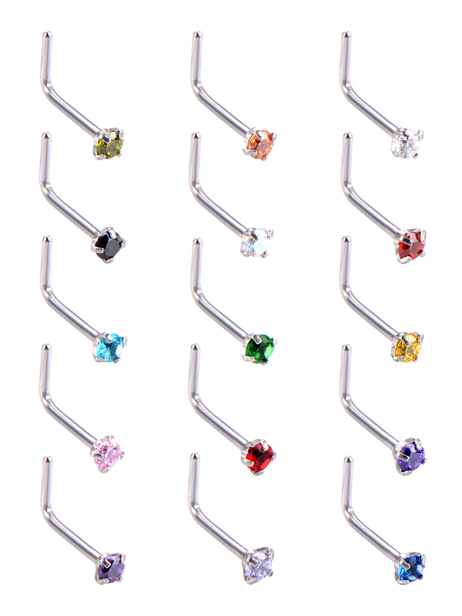 15 Pieces 20 Gauge L Shaped Nose Ring Curved Nose Stud Bend Bar Piercing Jewellery, 15 Colors