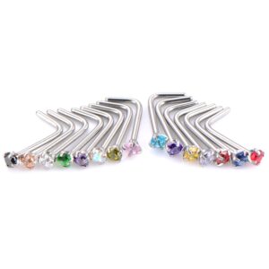 15 Pieces 20 Gauge L Shaped Nose Ring Curved Nose Stud Bend Bar Piercing Jewellery, 15 Colors