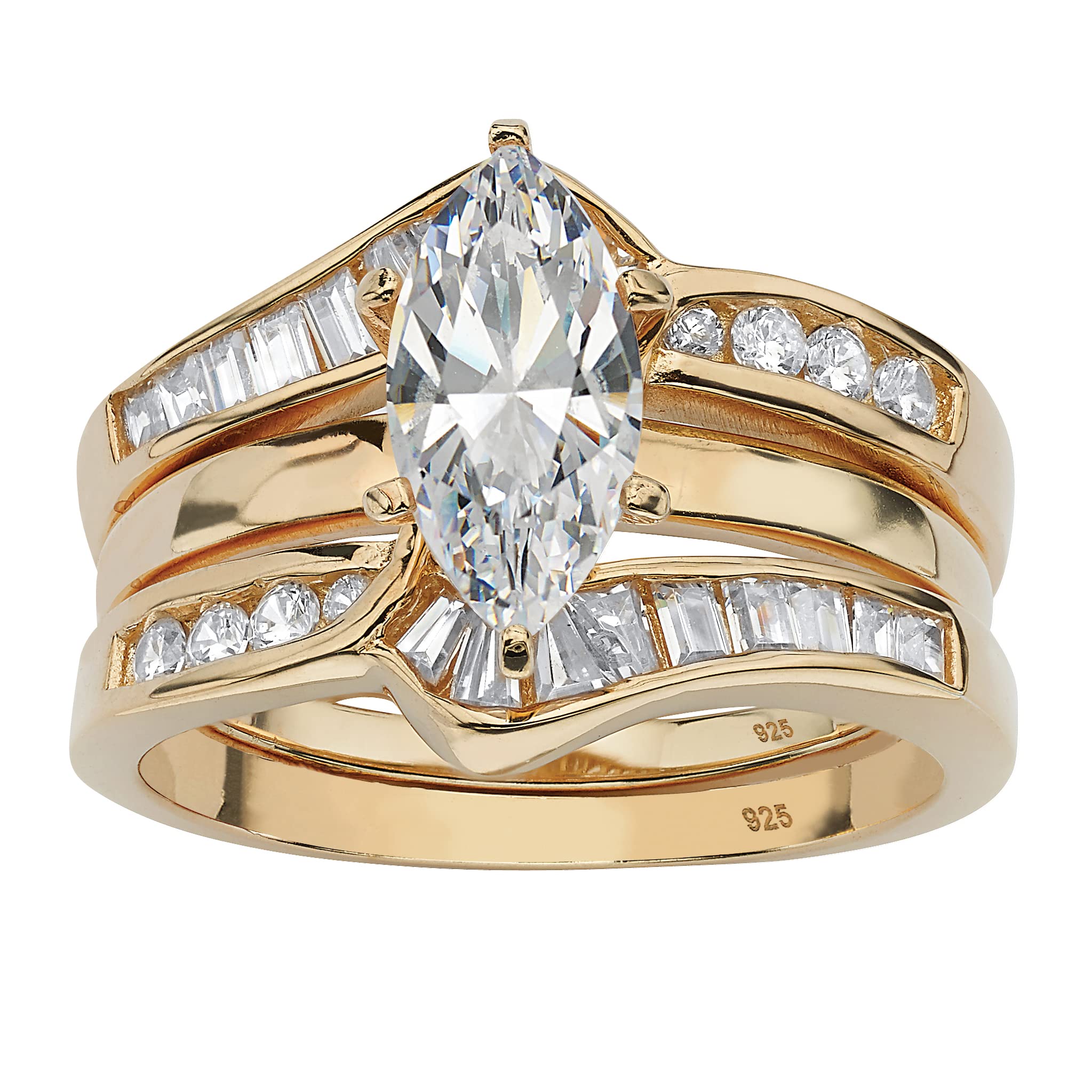 PalmBeach Yellow Gold-Plated or Sterling Silver Marquise Cut and Baguette Cubic Zirconia 2 Piece Jacket Bridal Ring Set Size 7