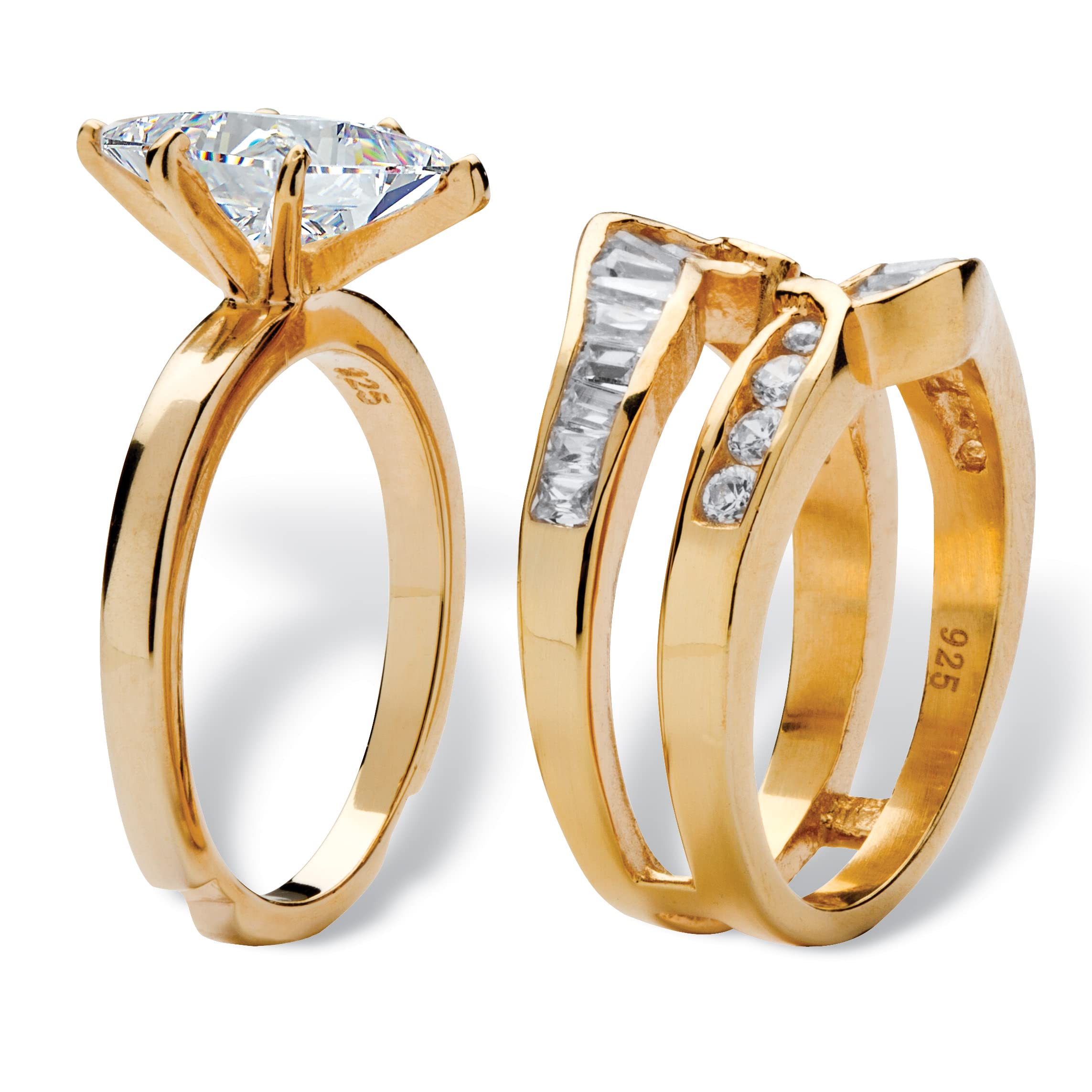 PalmBeach Yellow Gold-Plated or Sterling Silver Marquise Cut and Baguette Cubic Zirconia 2 Piece Jacket Bridal Ring Set Size 7