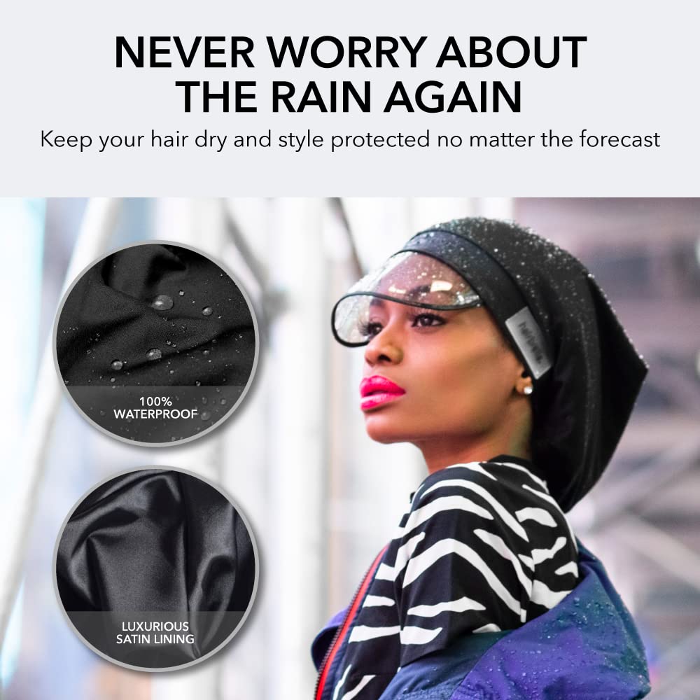 Hairbrella 100% Waterproof Rain Hat, Satin-Lined Cap, UV Sun Protection, Full Hair Coverage, Packable Travel Accessory Black