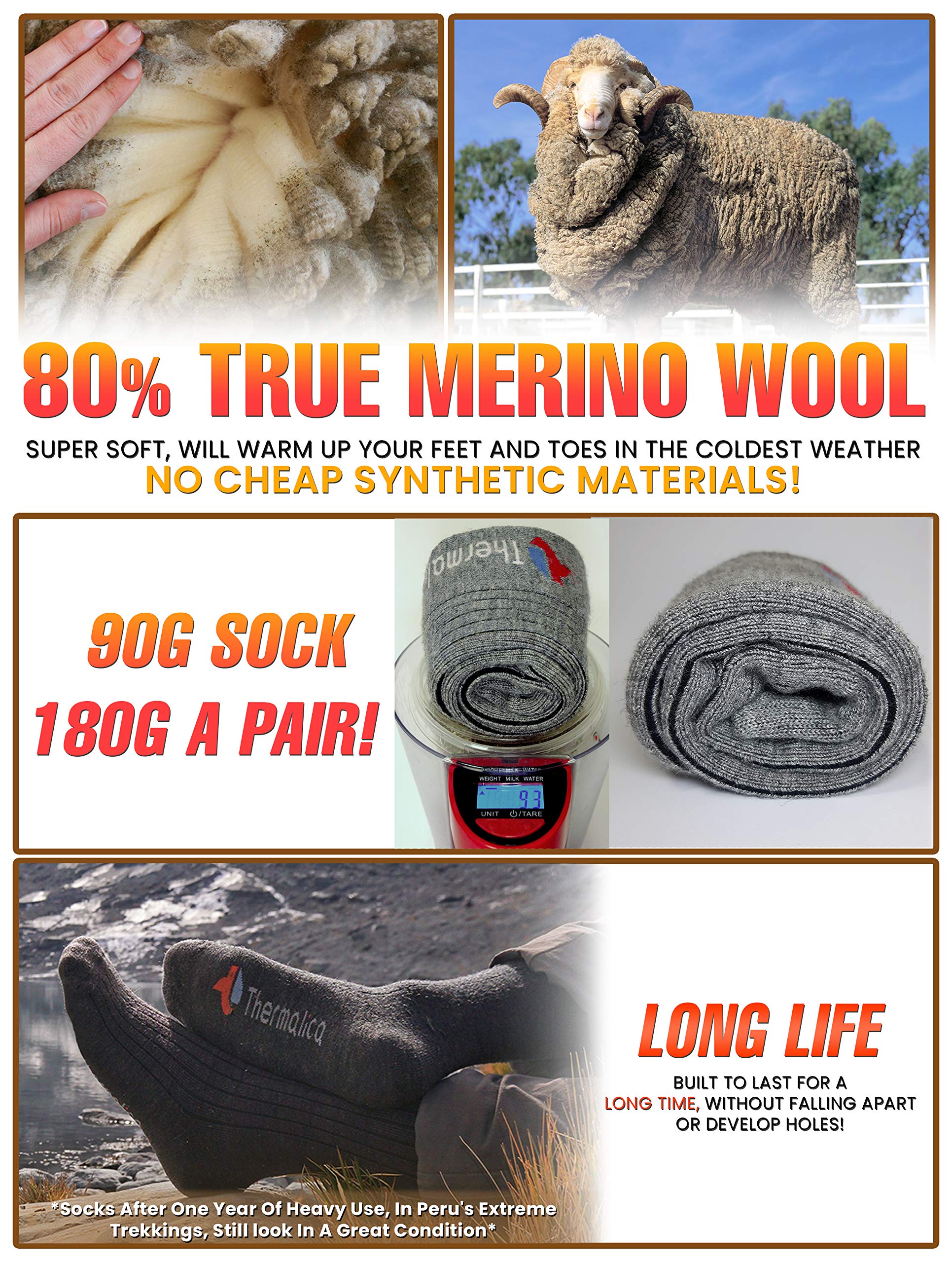 Luxury Thermal 80% True Merino Wool Socks-Over Calf, For Boots, Hiking,Ski &Home Light Gray