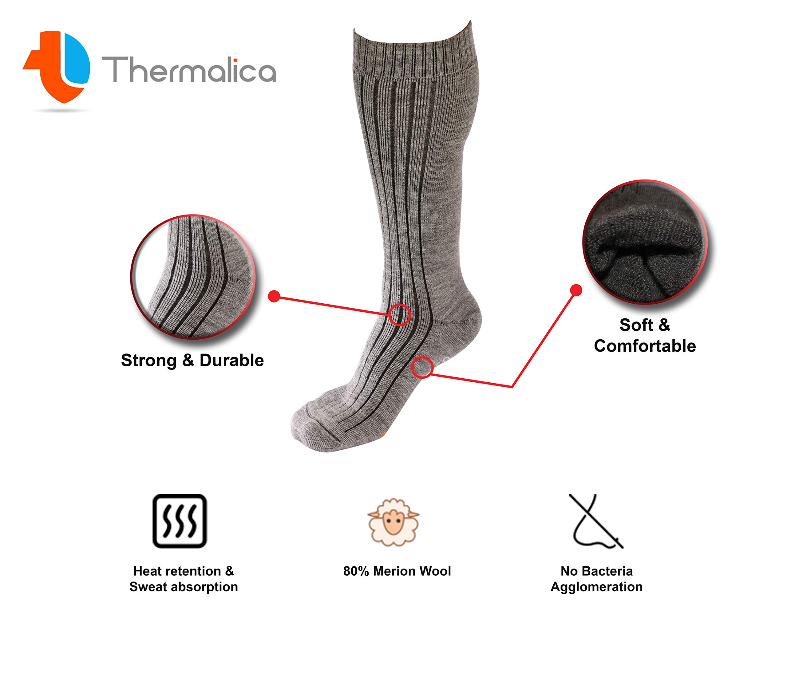 Luxury Thermal 80% True Merino Wool Socks-Over Calf, For Boots, Hiking,Ski &Home Light Gray