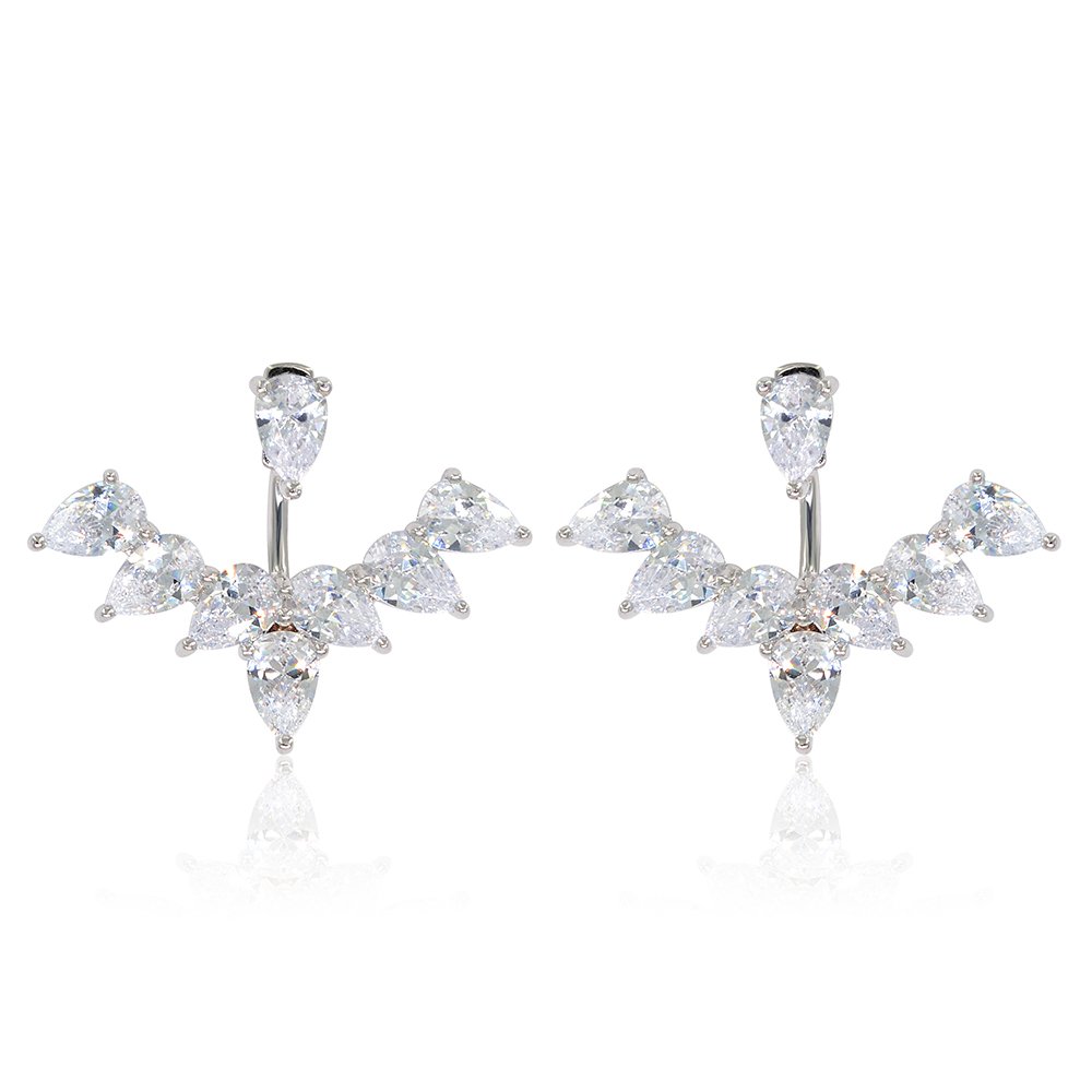 Marquise & Round Brilliant Cubic Zirconia Floral Front Back Jacket Earrings Plated in White Gold