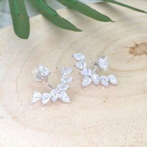 Marquise & Round Brilliant Cubic Zirconia Floral Front Back Jacket Earrings Plated in White Gold