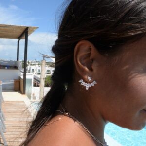 Marquise & Round Brilliant Cubic Zirconia Floral Front Back Jacket Earrings Plated in White Gold