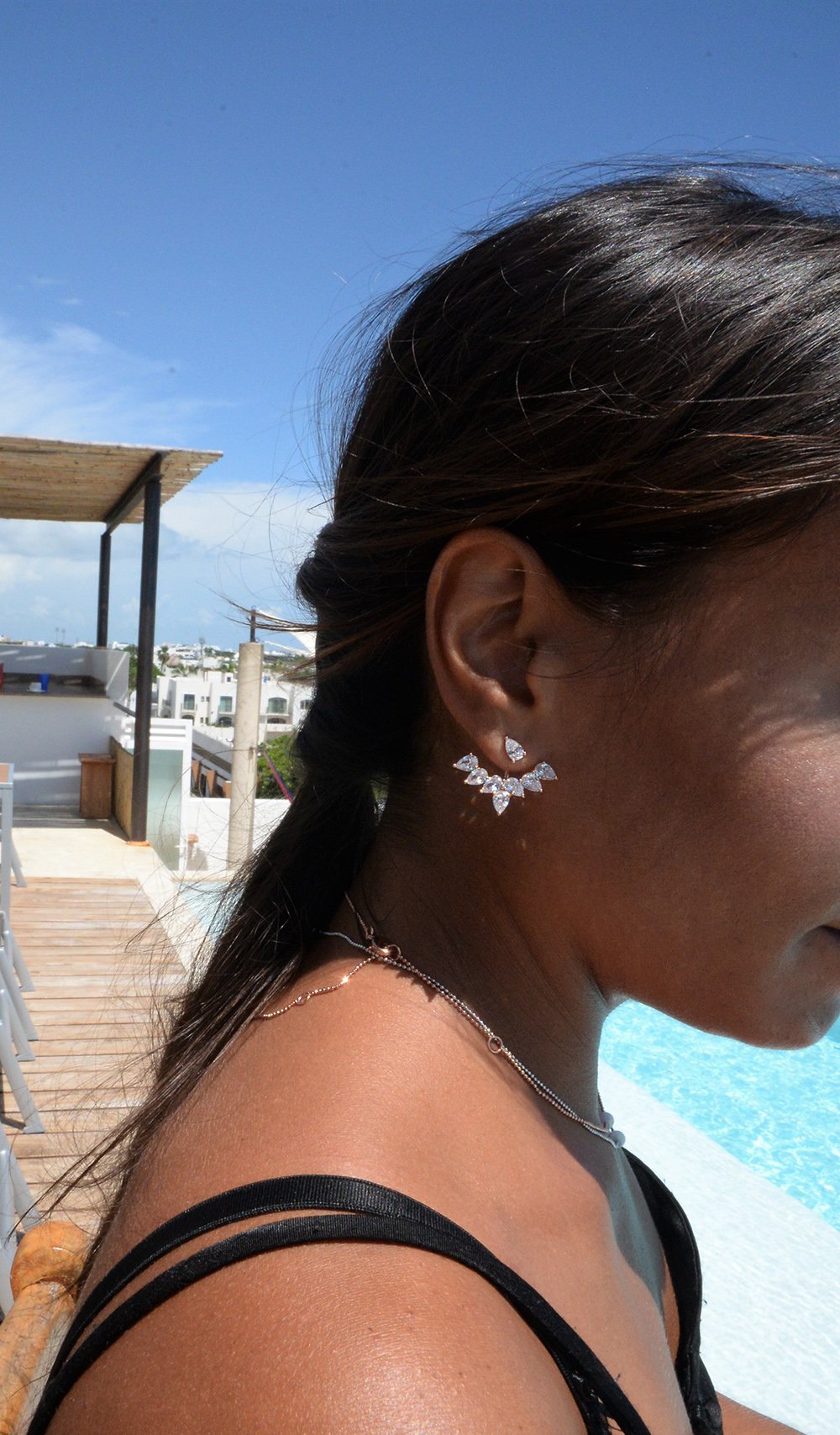 Marquise & Round Brilliant Cubic Zirconia Floral Front Back Jacket Earrings Plated in White Gold