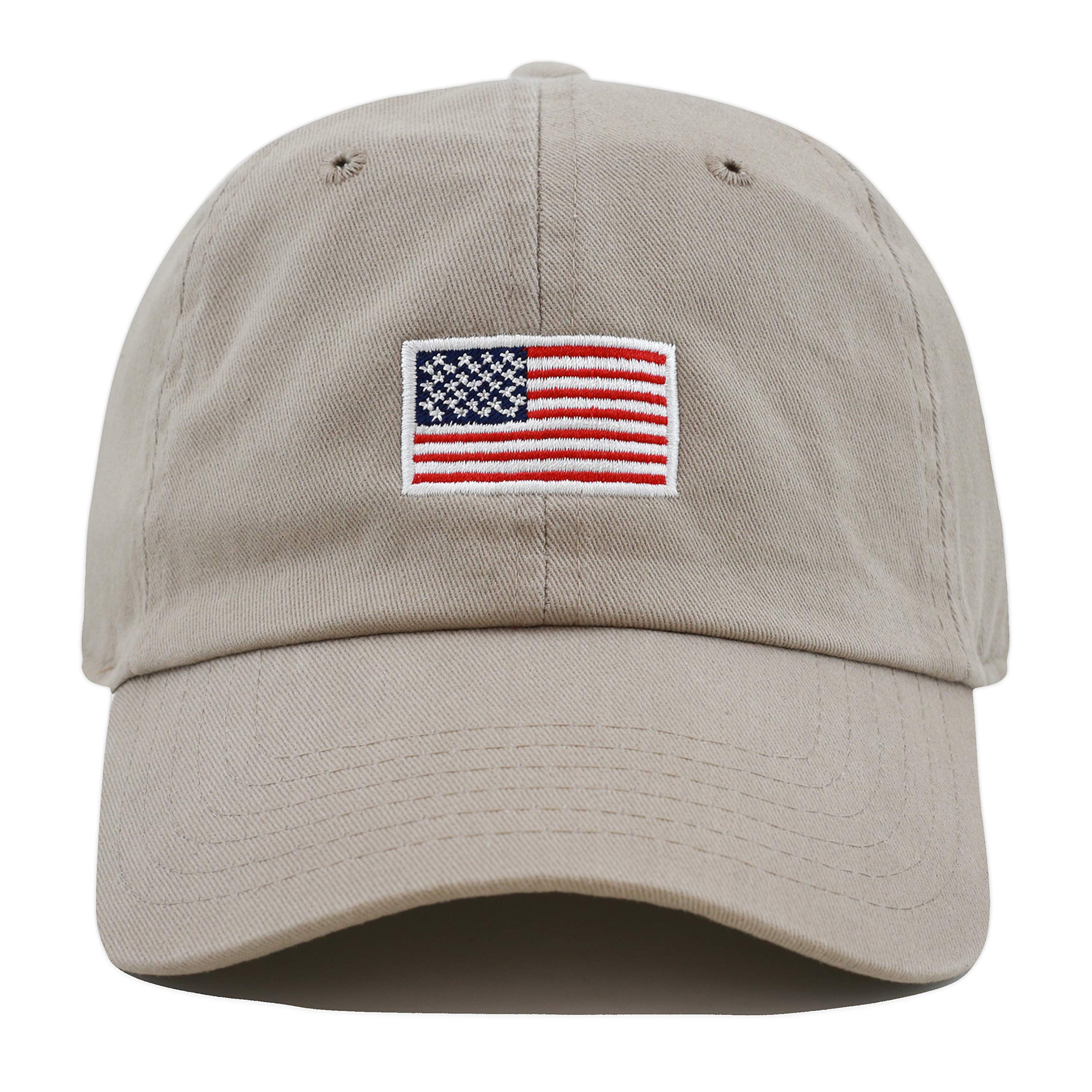 USA Flag & Embroidery Premium 100% Cotton Low Profile Adjustable Baseball Dad Cap (Flag-Khaki)