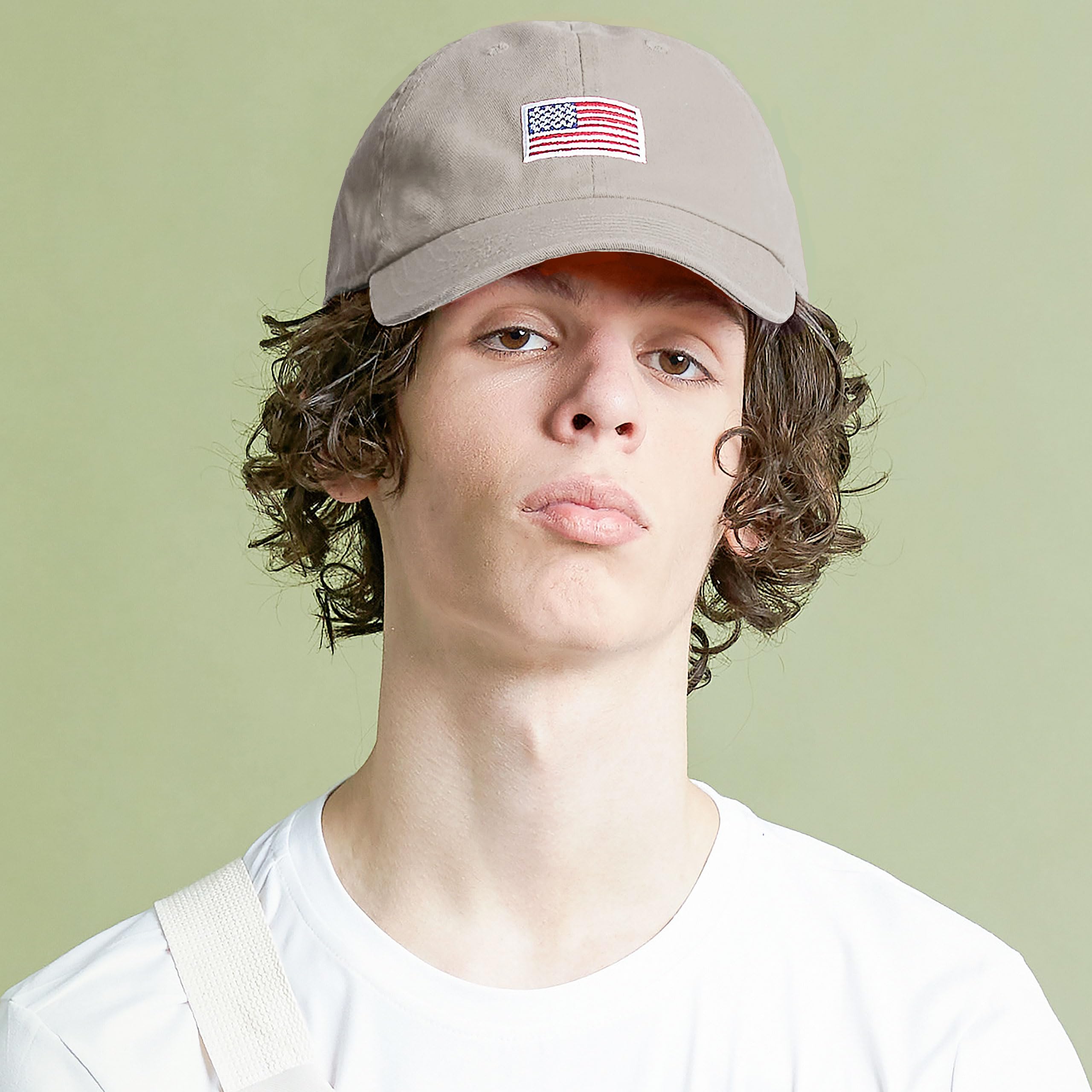 USA Flag & Embroidery Premium 100% Cotton Low Profile Adjustable Baseball Dad Cap (Flag-Khaki)