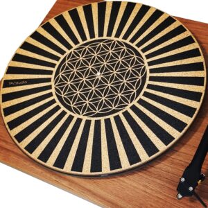 tazstudio premium slipmat - cork turntable mat for better sound support on vinyl lp record player - cork mat original art design - psychedelic geometric the flower of life (4mm thick)-m6