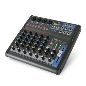 pyle professional audio mixer sound board console - desk system interface with 6 channel, usb, bluetooth, digital mp3 computer input, 48v phantom power, fx16 bit dsp- pmxu63bt , black